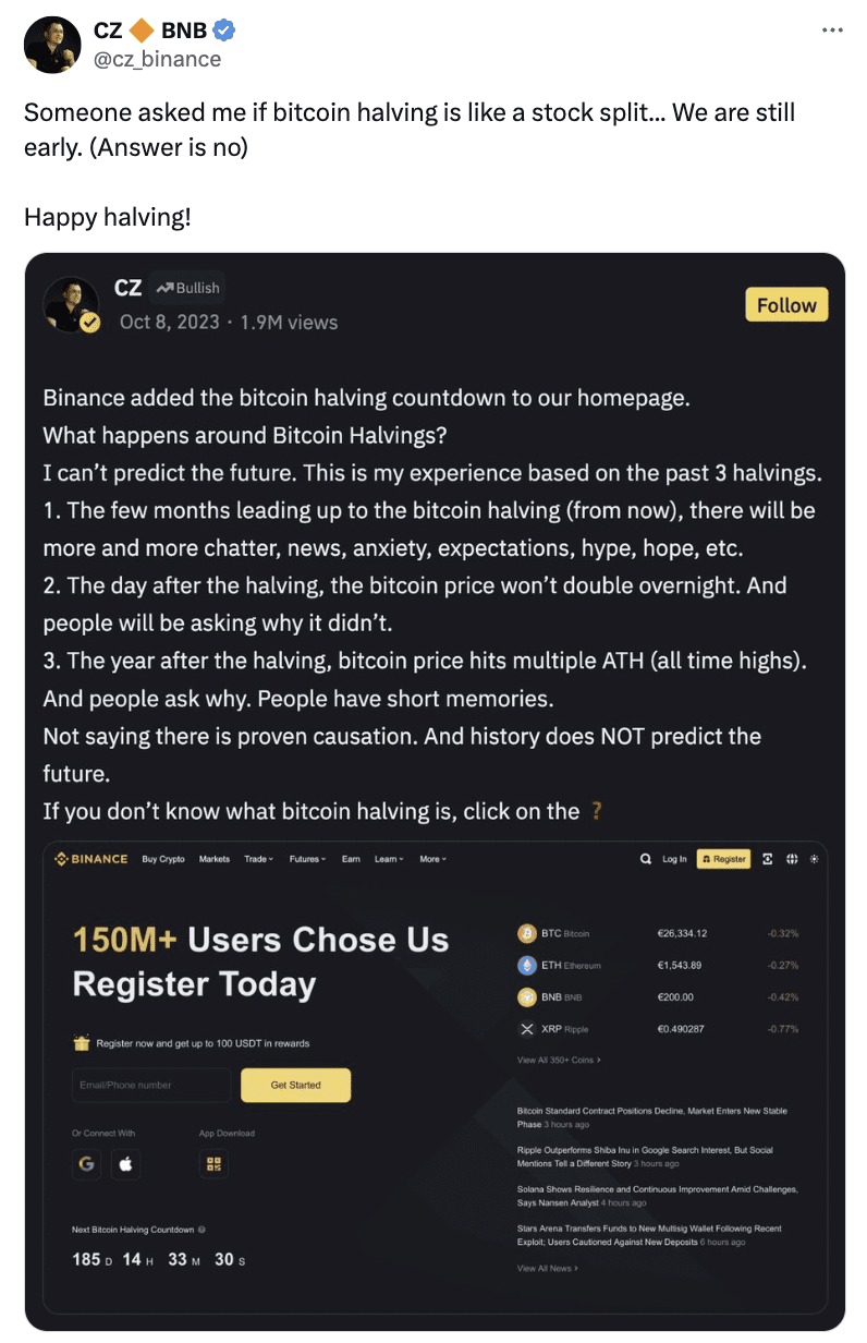CZ: Bitcoin halving is different from stock split, happy halving ...