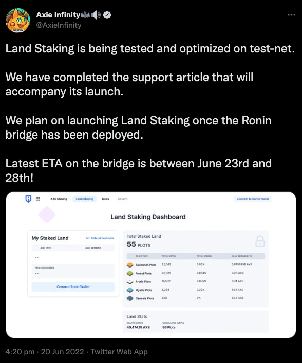 Axie Infinity is testing its Land staking feature | Binance News