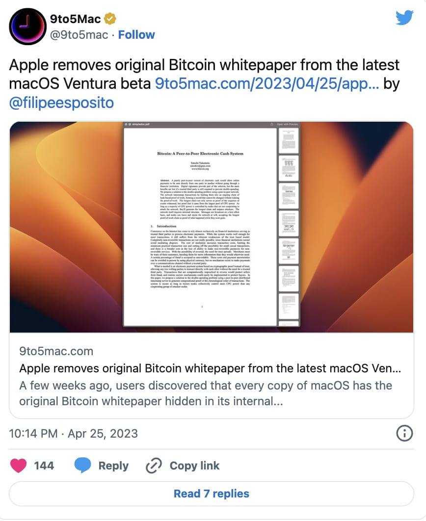 Bitcoin White Paper Quietly Removed By Apple From Latest MacOS Beta ...