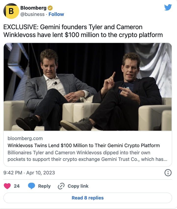 Winklevoss Twins Infuse Gemini With Personal $100M Loan: Report ...