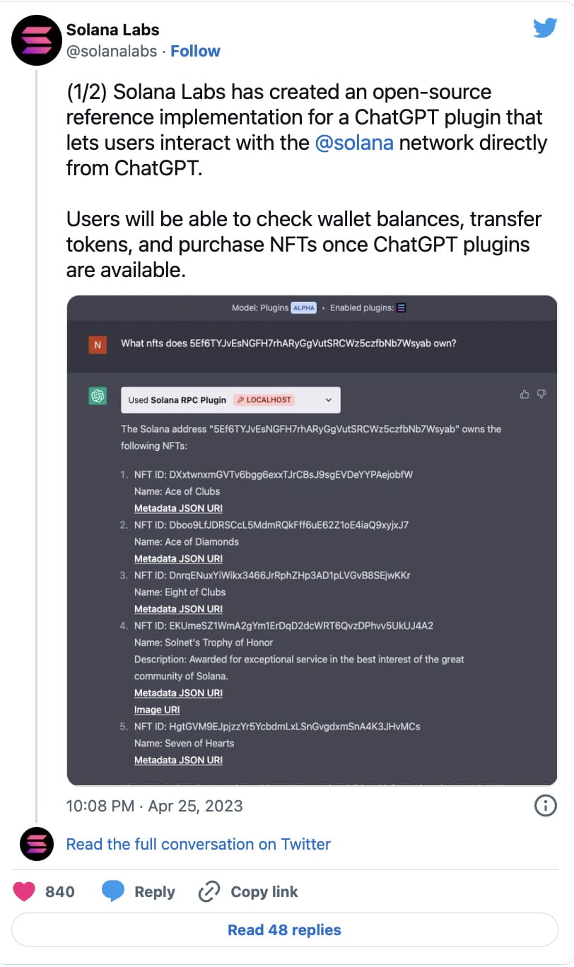 Solana Labs' ChatGPT Plugin Allows AI to Fetch Blockchain Data | Binance News on Binance Square
