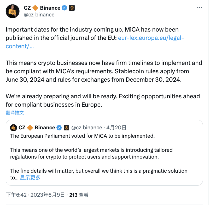 CZ: With the official release of the EU Crypto-Asset Markets Act MiCA, Binance will be ready ...