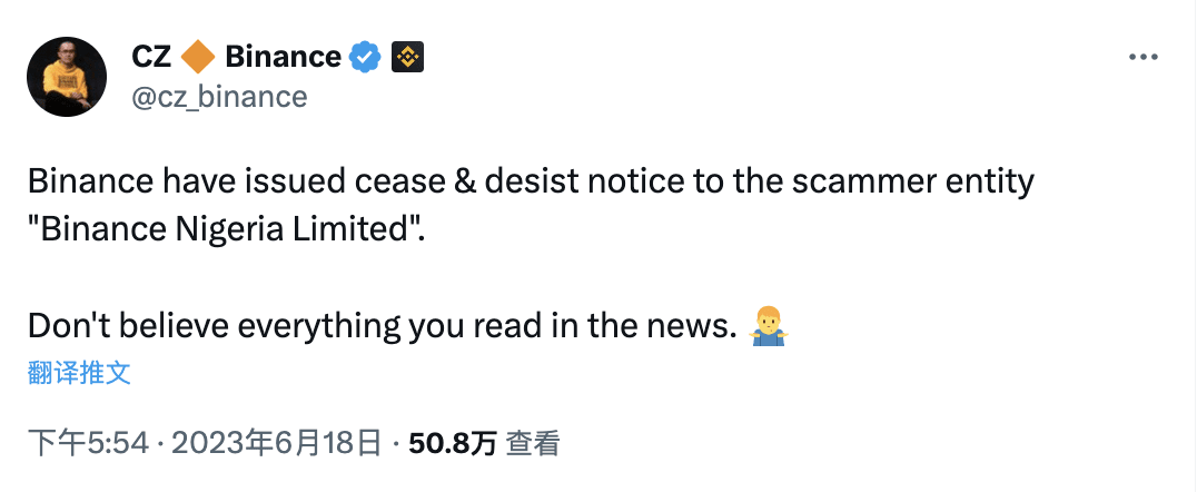 CZ: “Binance Nigeria Limited” is a fraudulent entity and has issued a suspension notice ...