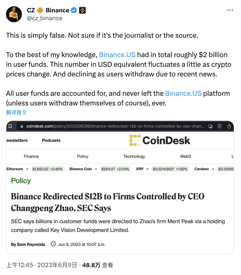 CZ: User funds will never leave the Binance.US platform unless the user ...
