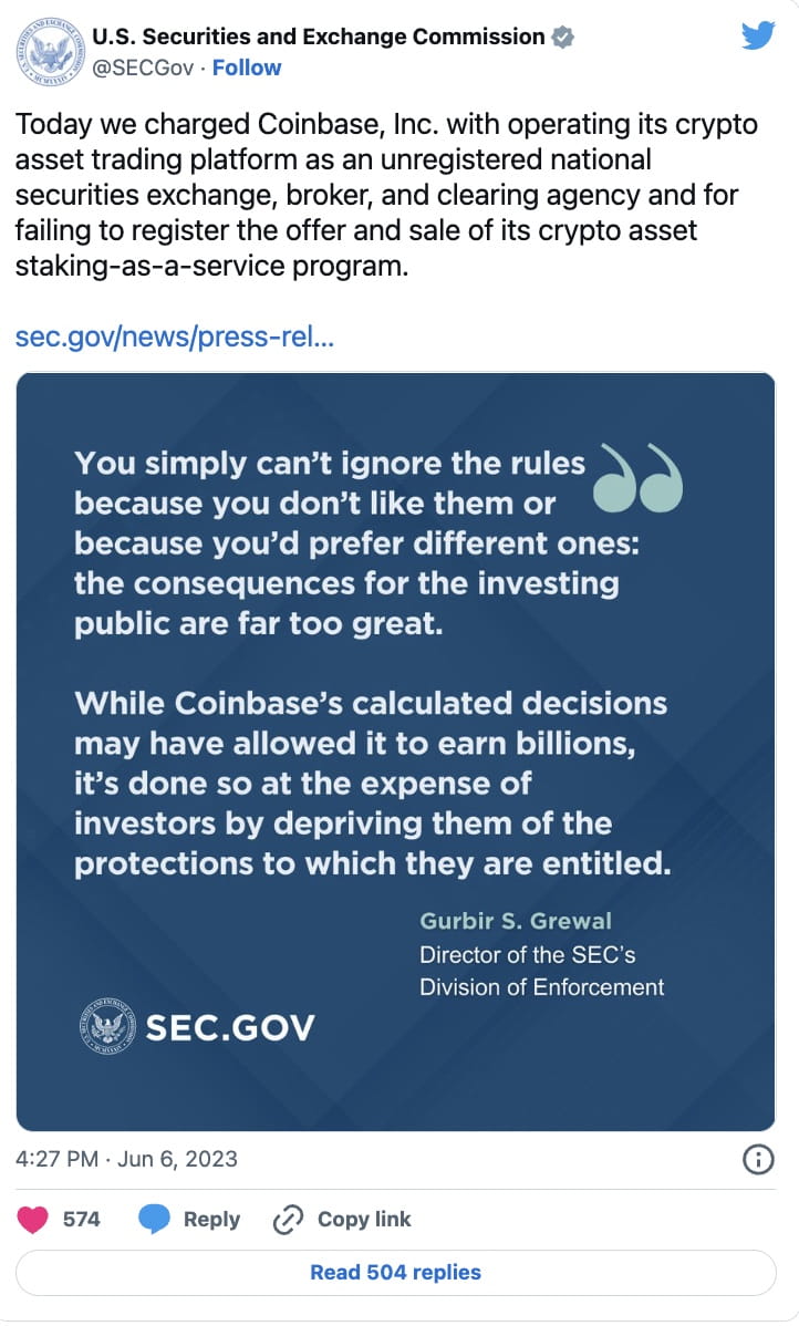 SEC Sues Coinbase in NY Federal Court for Offering Unregistered Security | Binance News on ...