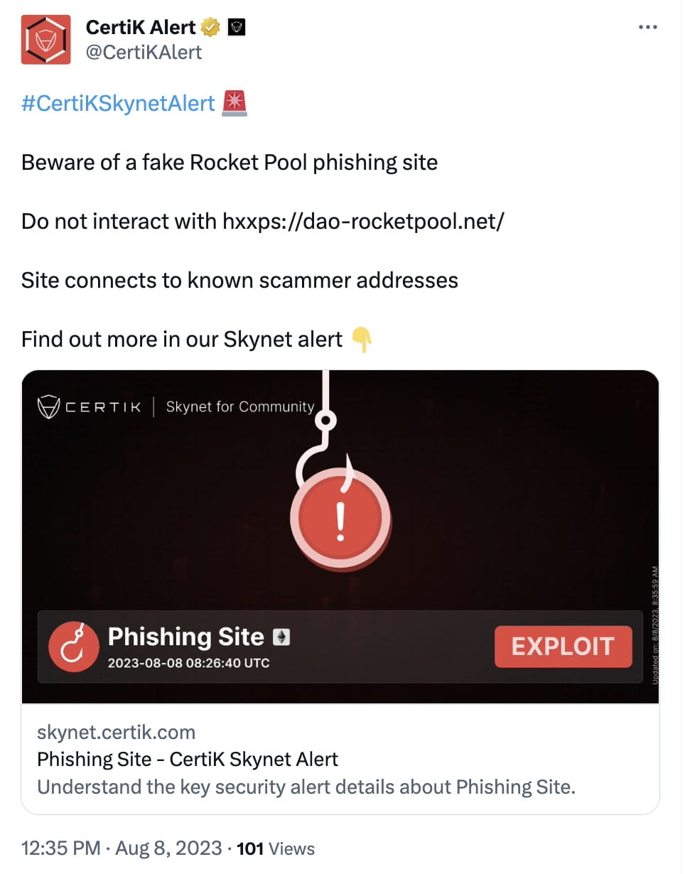 Fake Rocket Pool Phishing Site Targets Users, CertiK Skynet Issues ...
