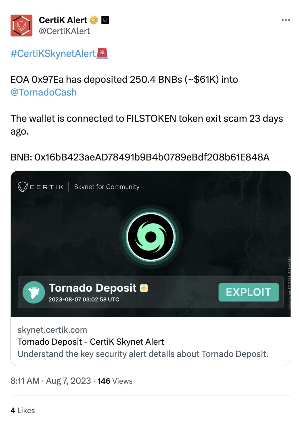 Wallet Linked to FILSTOKEN Exit Scam Deposits 250.4 BNB into Tornado Cash | Binance News on ...