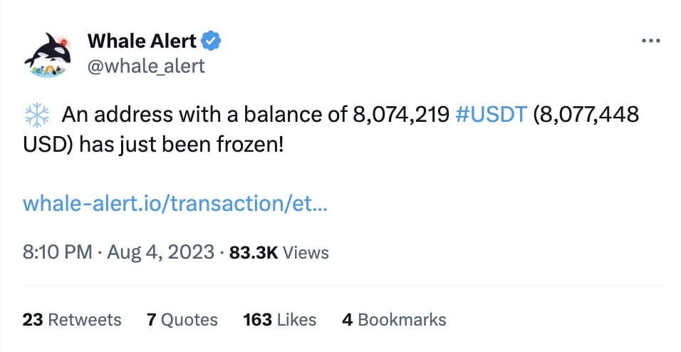 L'adresse de l'USDT détenant plus de 8 millions de dollars est gelée ...