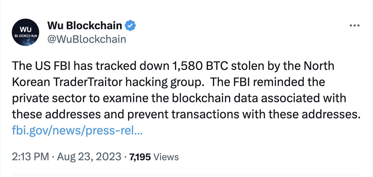 Le FBI retrouve 1 580 BTC volés par le groupe de piratage nord-coréen TraderTraitor | Binance ...