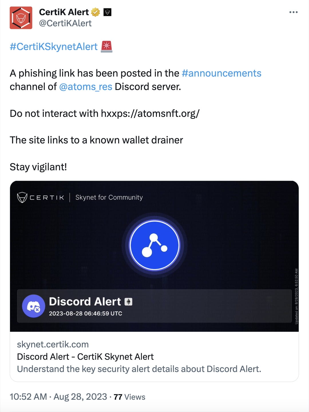CertiK Skynet emite una alerta de phishing para el servidor Atoms ...