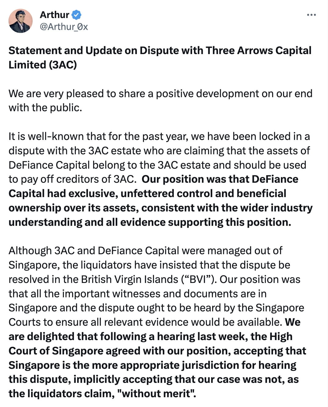 Statement and Update on Dispute with Three Arrows Capital Limited (3AC ...