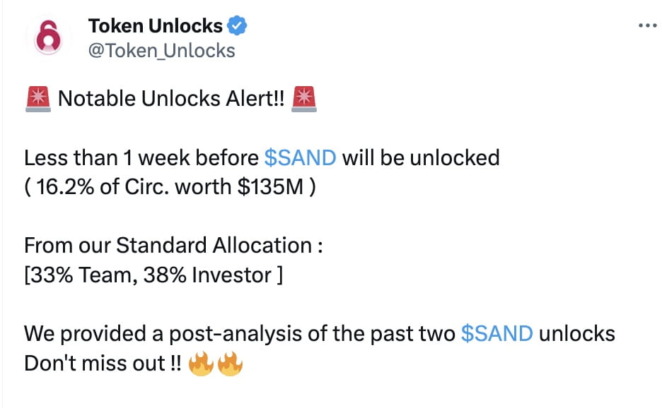 $135 Million Worth of SAND Tokens Set to Be Unlocked on August 14 ...