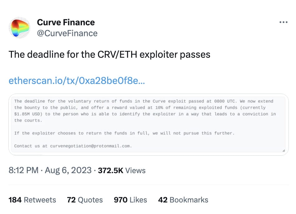 Curve Finance Offers $1.85M Bounty to Identify Attacker Responsible for ...