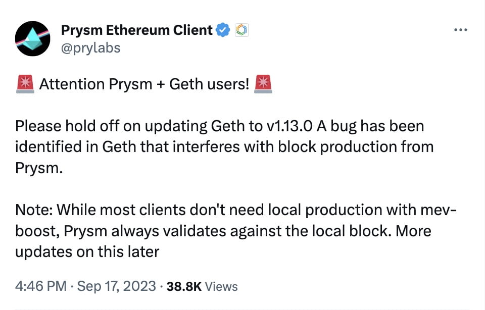 Ethereum Client Prysm Advises Against Updating Geth to V1.13.0 Due to Block Generation Bug ...