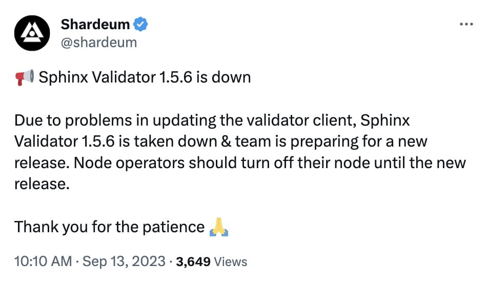 Sphinx Validator 1.5.6 da Shardeum foi temporariamente desligado em meio a problemas de ...