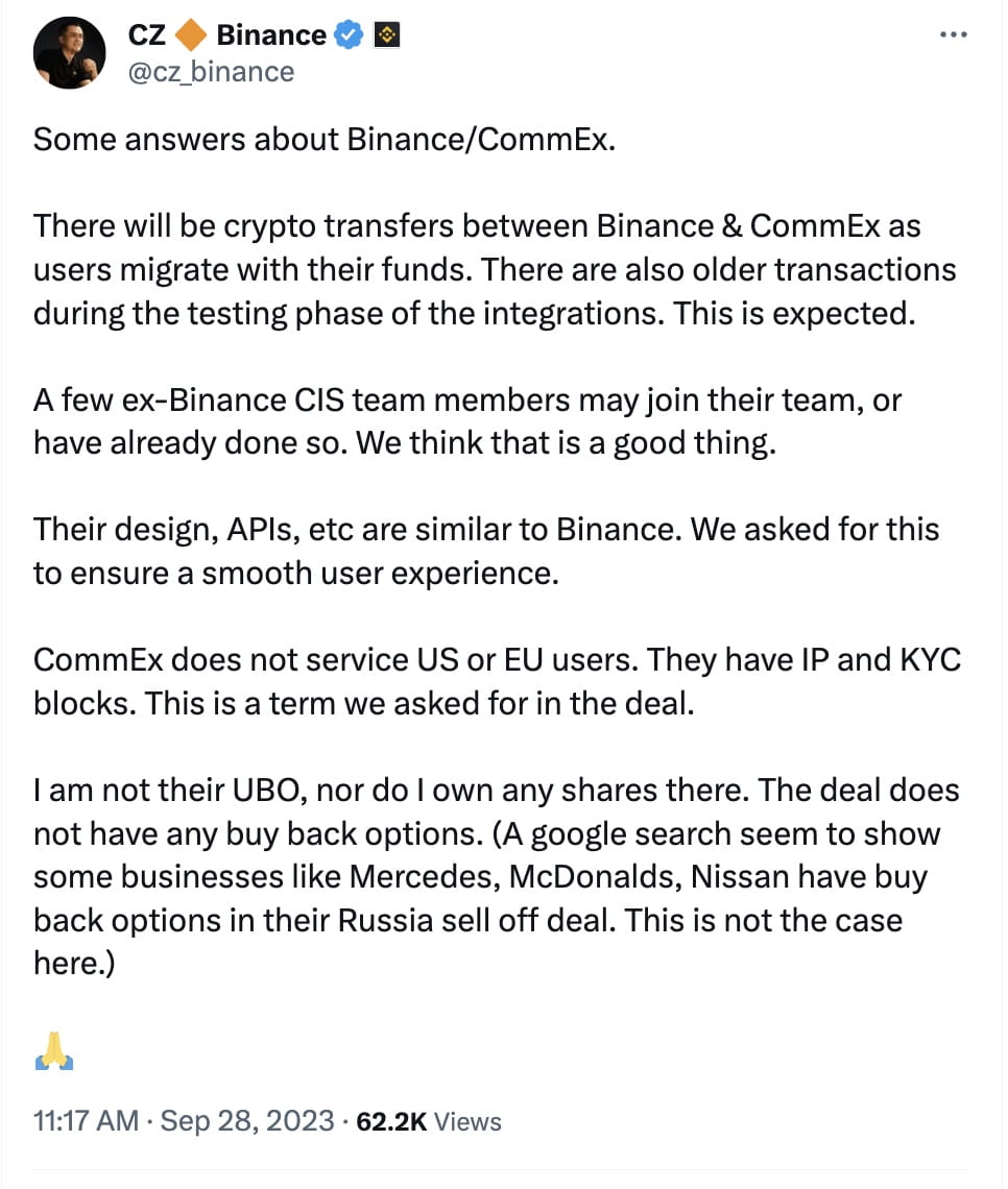 CZ: There will Be Crypto Transfers Between Binance & CommEx and also Older Transactions ...