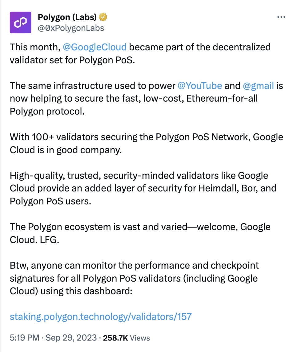 Google Cloud Joins the Validator Set for Polygon's PoS Network | Binance News on Binance Square