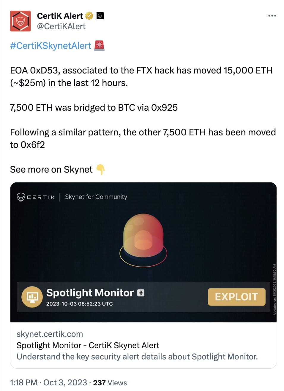 FTX Hack Suspect Transfers 15,000 ETH Worth $25 Million in 12 Hours ...