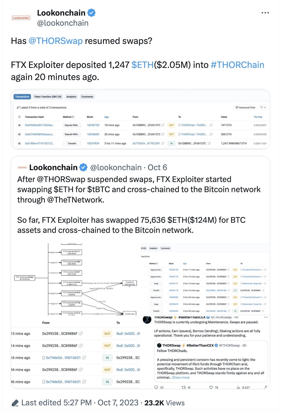 FTX Attacker deposita 1.247 ETH no valor de US$ 2,05 milhões no THORChain mais uma vez | Binance ...