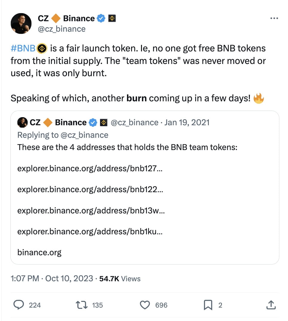 CZ: BNB is A Fair Launch Token | Binance News on Binance Square