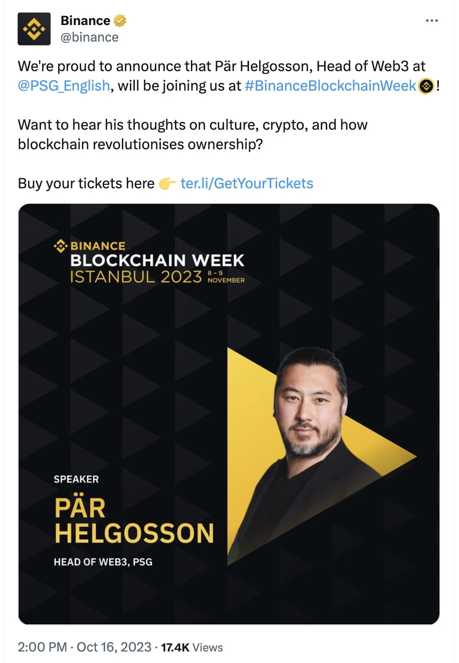 Paris Saint-Germain's Head of Web3, Pär Helgosson, to join Binance Blockchain Week | Binance ...