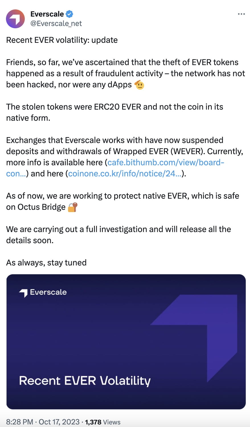 Everscale Reports Stolen Tokens were ERC20 EVER, Native EVER Safe and Network Intact | Binance ...