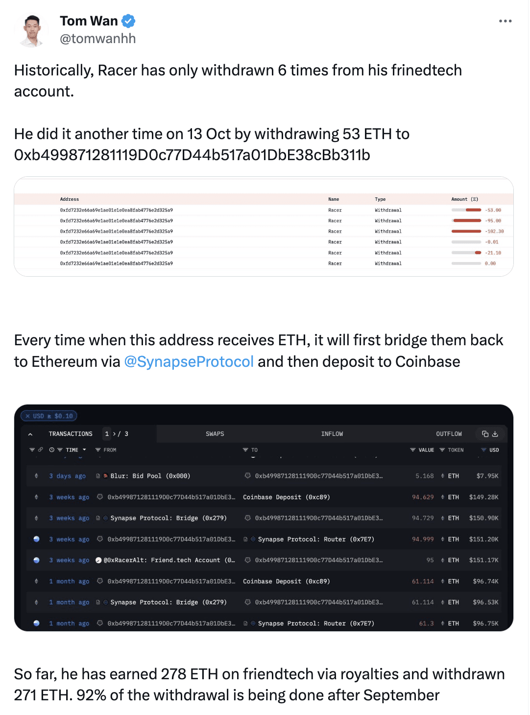 Friend.tech founder Racer has received 278 ETH in royalties and has withdrawn 271 ETH | Binance ...
