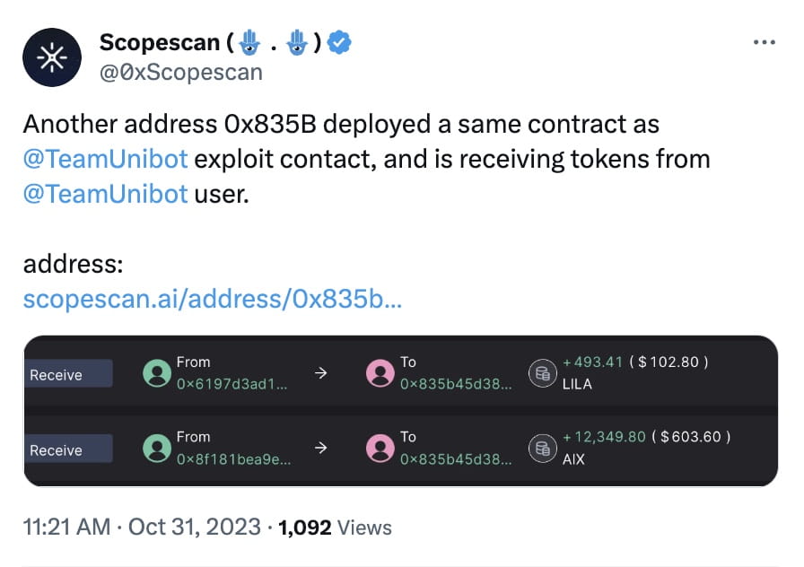 Unibot Exploited, Second Attacker Continues to Steal Funds; $560K ...