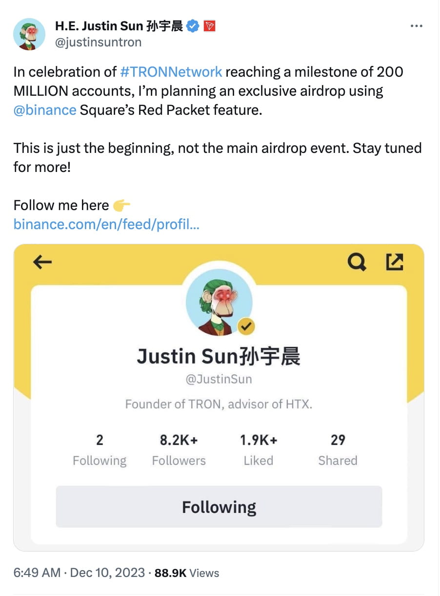 Binance Square to Facilitate Justin Sun's Airdrop Celebrating TRON ...
