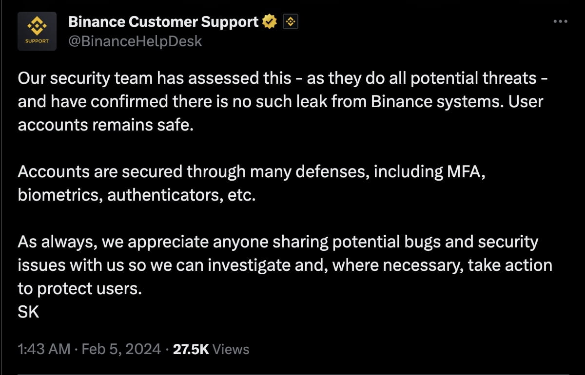 Binance: There is No Such a Leak from Binance Systems, User Accounts ...
