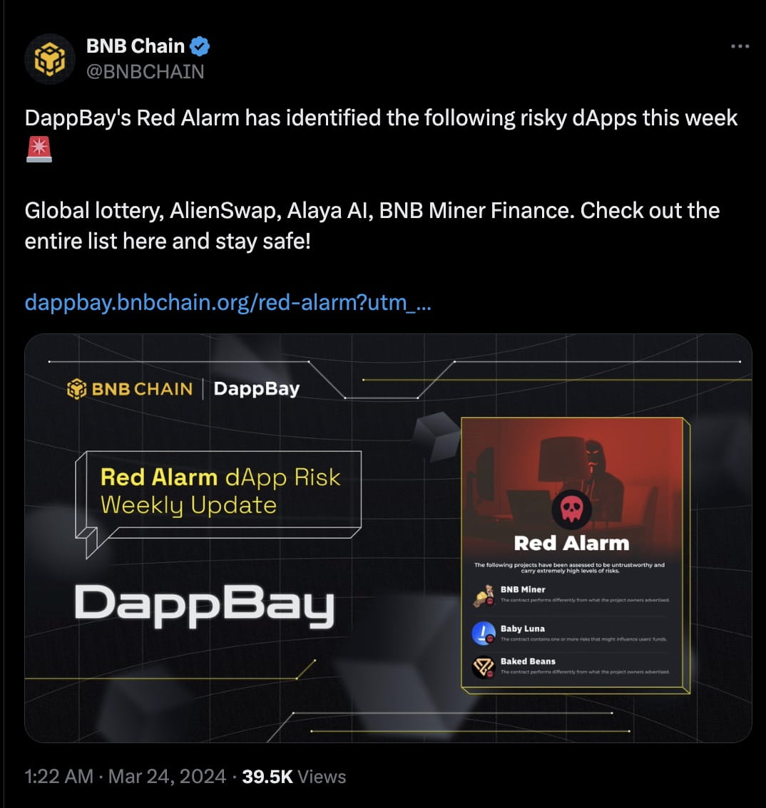 DappBay's Red Alarm Highlights Risky dApps: Global Lottery, AlienSwap, Alaya AI, BNB Miner ...
