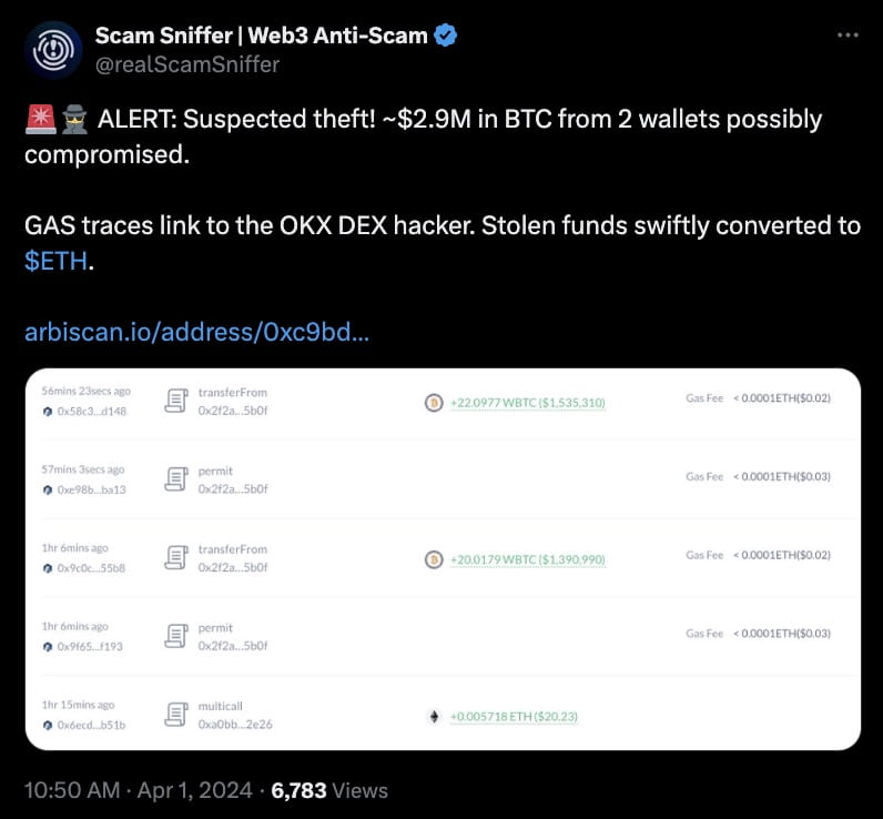 Scam Sniffer monitorea el posible robo de $2.9 millones de BTC y ...