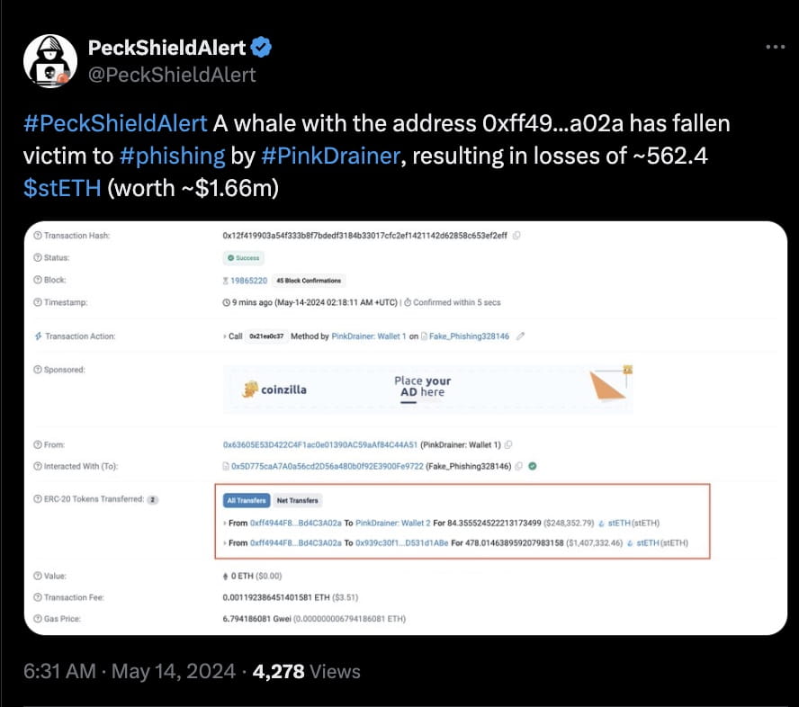 Whale Address Falls Victim to PinkDrainer Phishing Scam, Loses ...