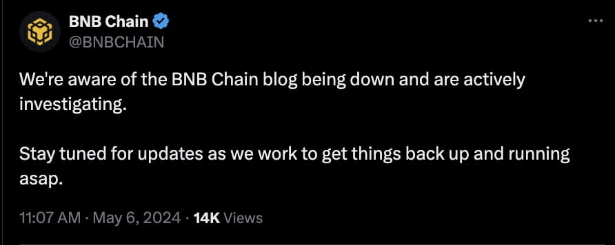 BNB Chain Blog Services Experiencing Interruptions | Binance News on Binance Square
