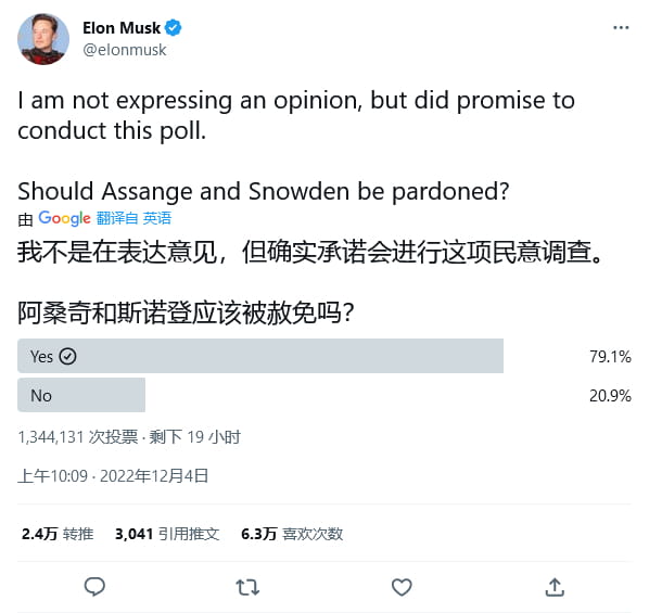 Elon Musk tweeted a vote on whether to pardon Assange. Assa | 77ya on ...