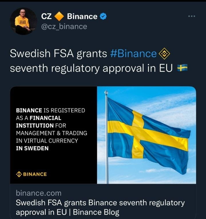 Swedish FSA issues #Binance seventh EU regulatory approval | CRYPTOUSDUA on Binance Square