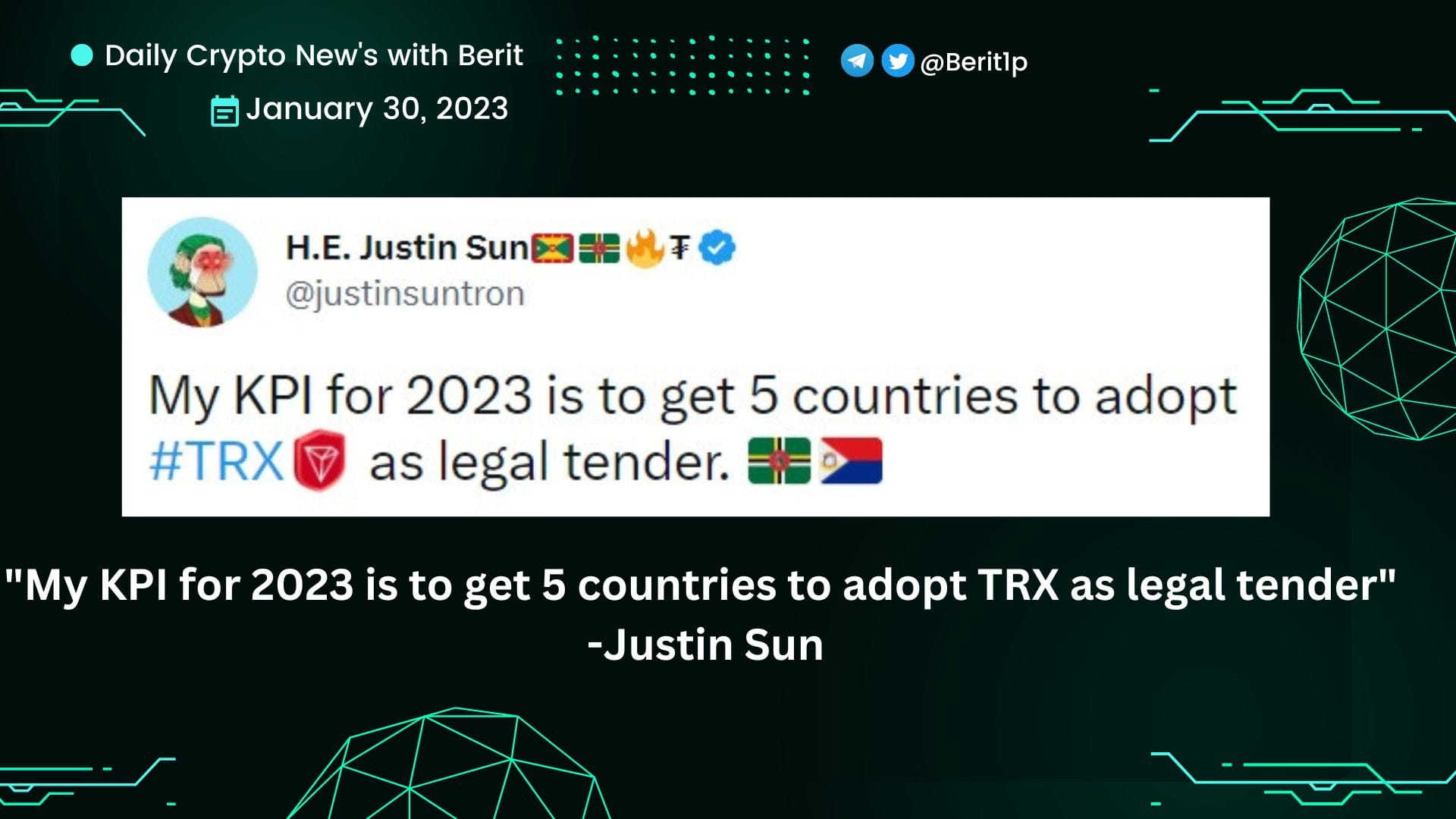 Justin Sun, the founder of TRON (TRX), has set a goal of get | Berit on Binance Square