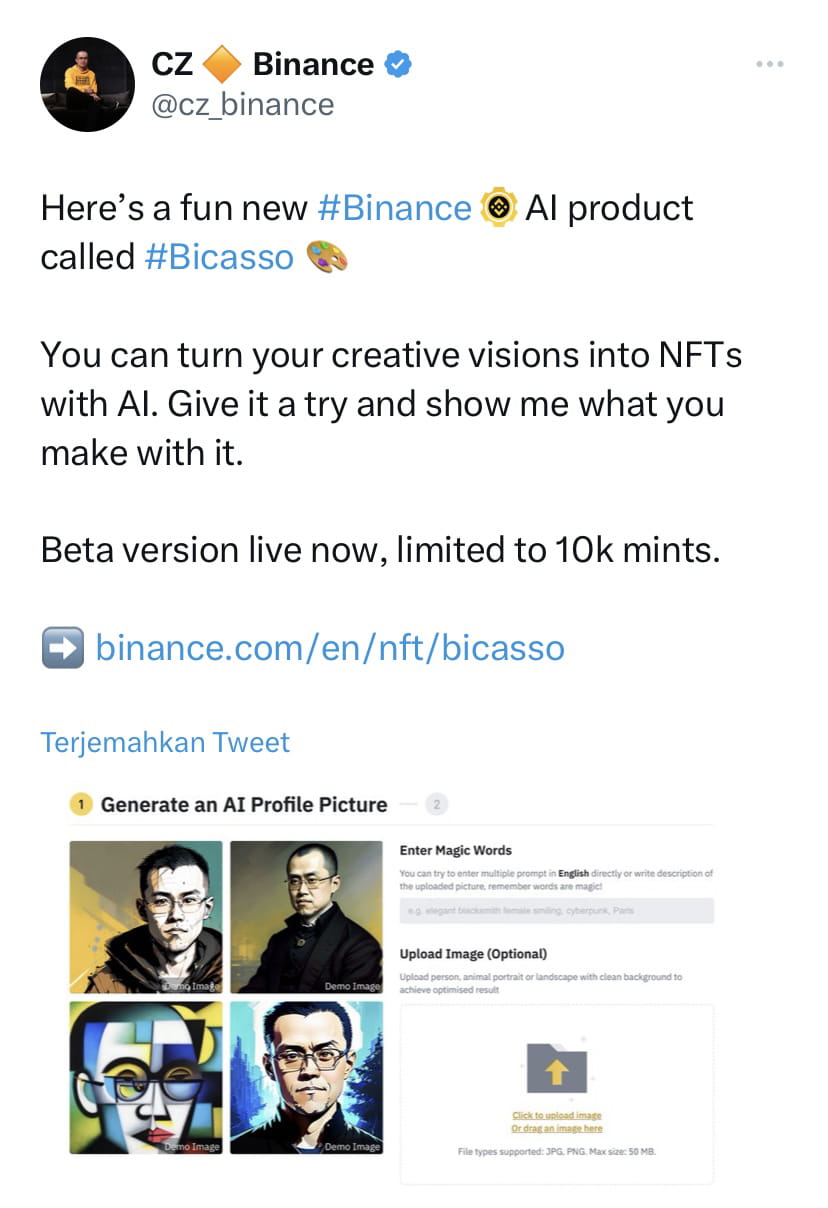 CZ tweeted that the Binance AI NFT generation product Bicass | Lambe Kripto on Binance Square