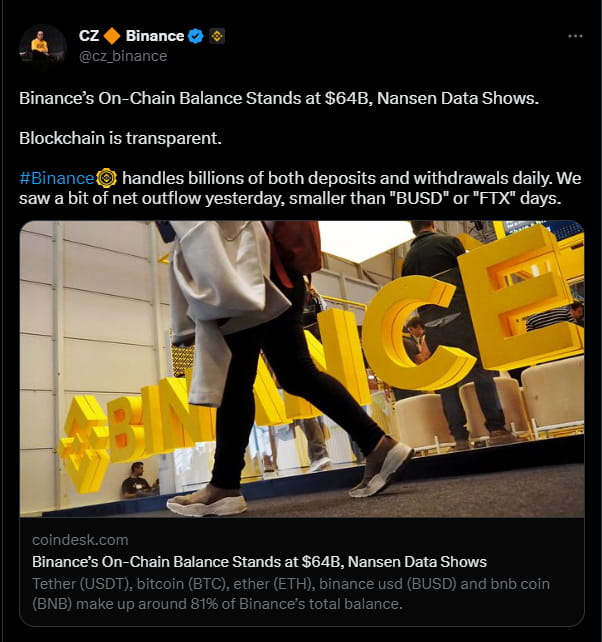 Nansen 數據顯示，幣安的鏈上餘額爲 64B 美元。區塊鏈是透明的。 #Binance 每天處理數十億的存款和取款。 | 幣安廣場上的 Crypto PM