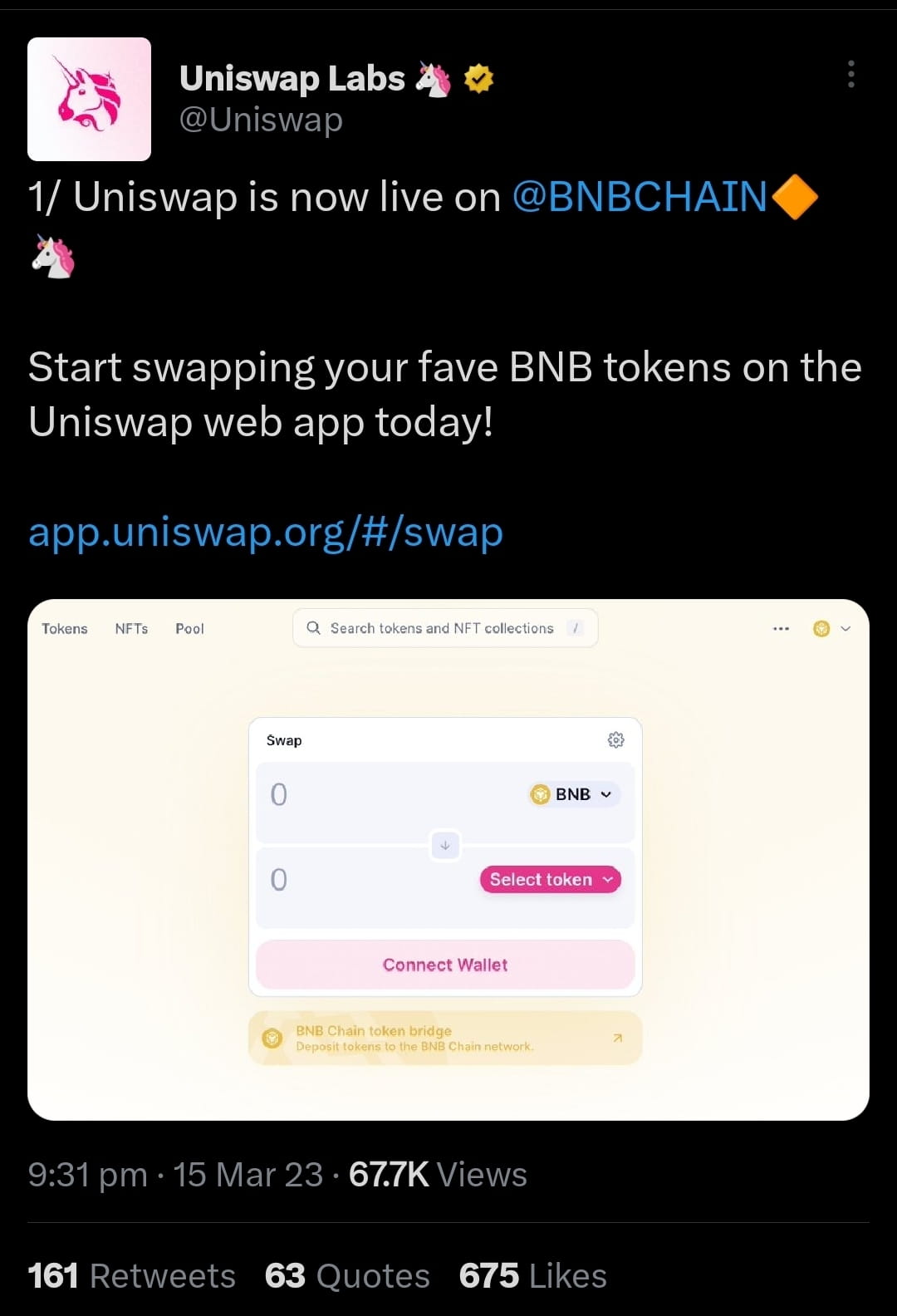 Uniswap is live on bnb chain from today. 🔥🔥🔥 #BNB #unisw | Crypto PM on ...