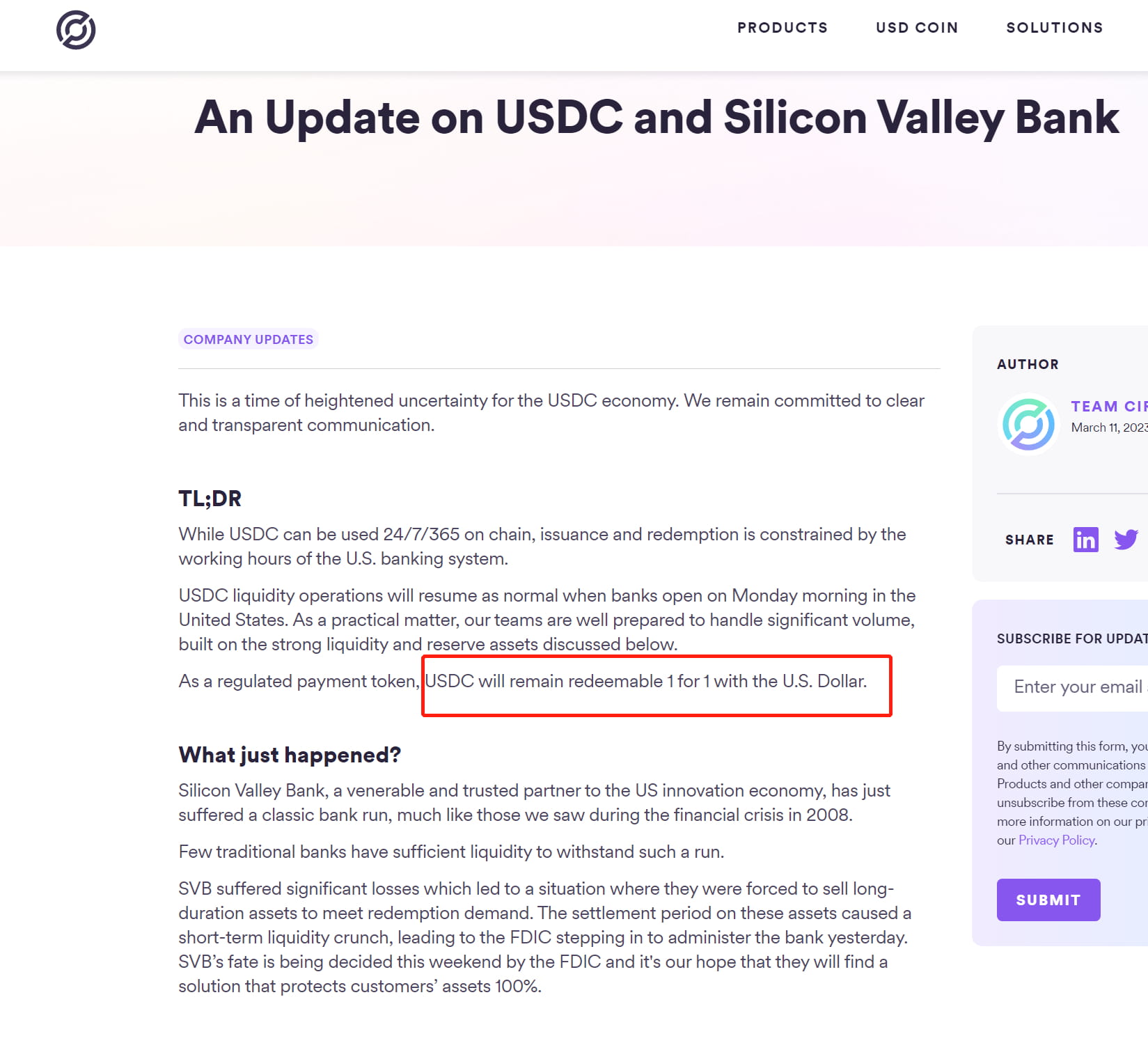 Circle's official statement on the SVB incident #SVB #Circl | Sober聊期权 ...
