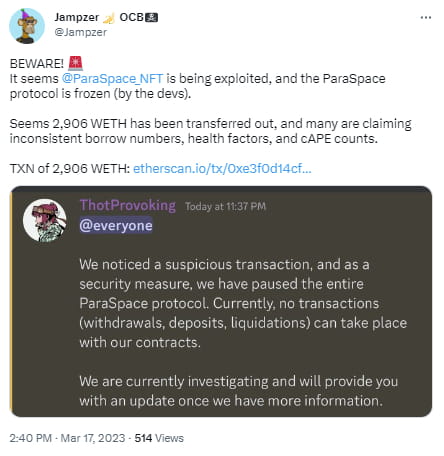 NFT lending protocol ParaSpace is suspected of being attacked, and the project team has ...