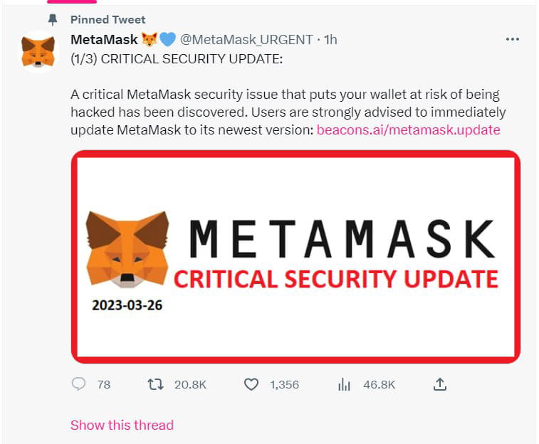The Metamask page has a twitter username @MetaMask_URGENT, w ...