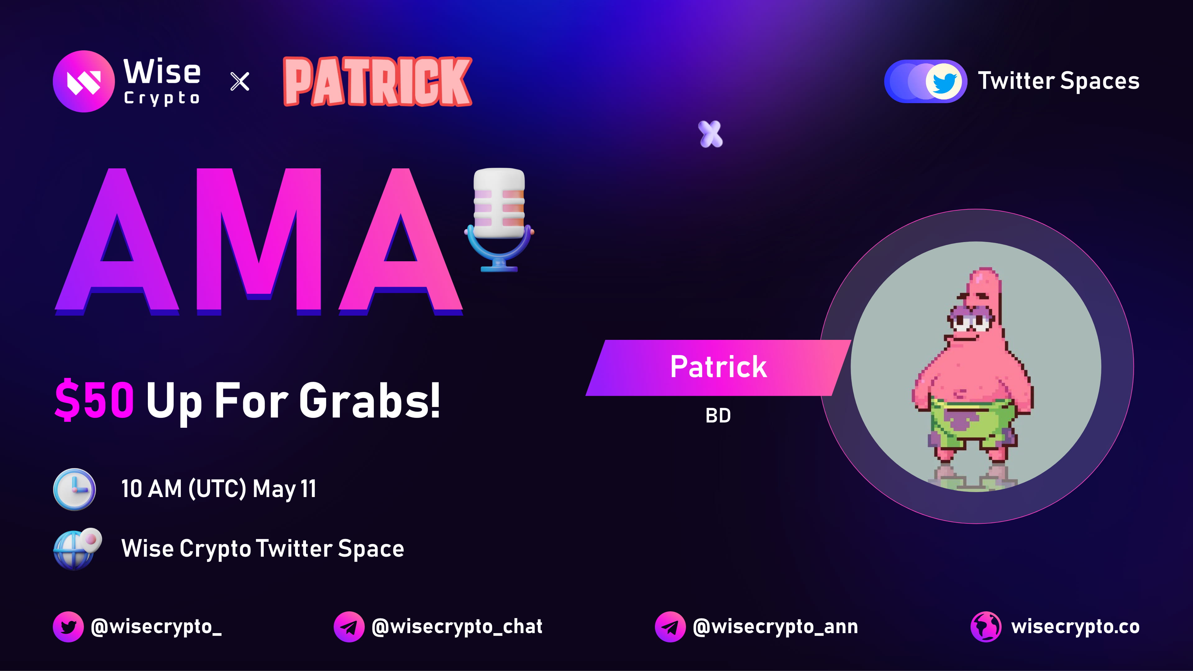 🎊 Wise Crypto x Patrick Twitter Spaces AMA ⏰ Time: May 11 | Wise Crypto ...