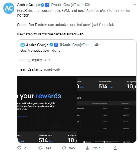 Fantom has launched the Gas monetization function, and 15% of the Gas fees will be rewarded to ...