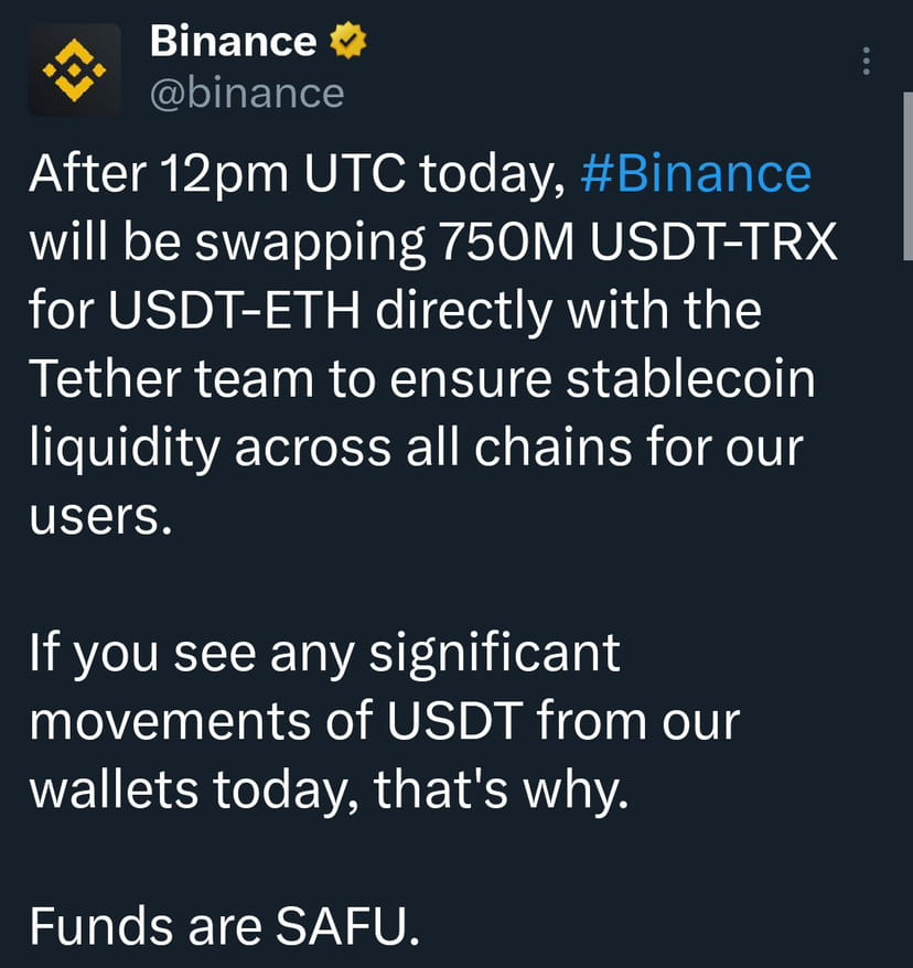 Binance Will Exchange 750 Million USDT TRC20 For USDT ERC20 Binance Will Exchange 750 Million USDT TRC20 For USDT ERC20