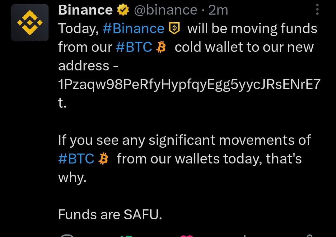 Important Update! Today, #Binance will be moving funds f | Crypto_Angel ...