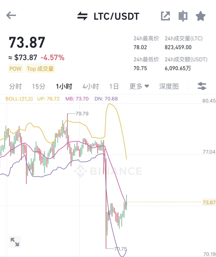 LTC这一轮跌幅并不大，反弹力度也比较大，还是能期待一下的，73可以关注一下，上方预期反弹会回到76-79。#ltc | 言币行 on ...
