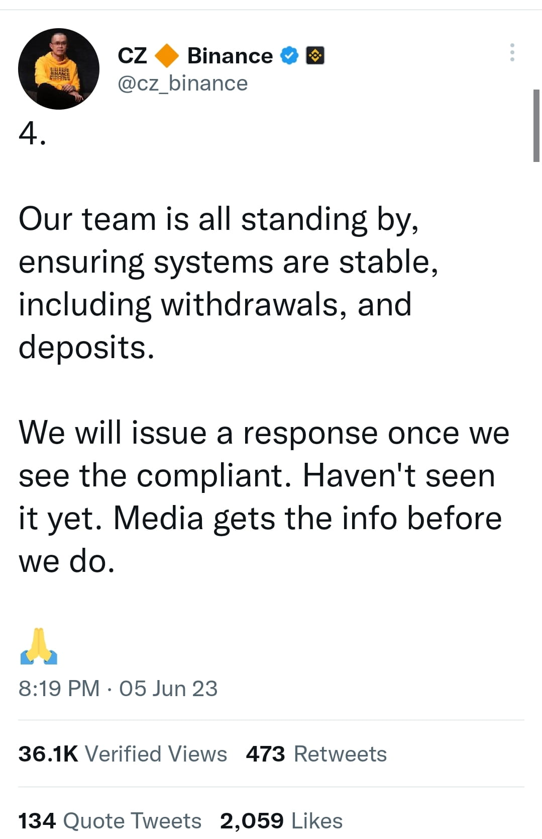 A tweet from CZ #Binance I don't know where the media gets | CRYPTO ...