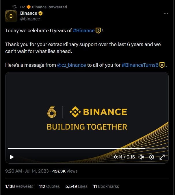 Here's a message from @cz_binance to all of you for #BinanceTurns6 ...